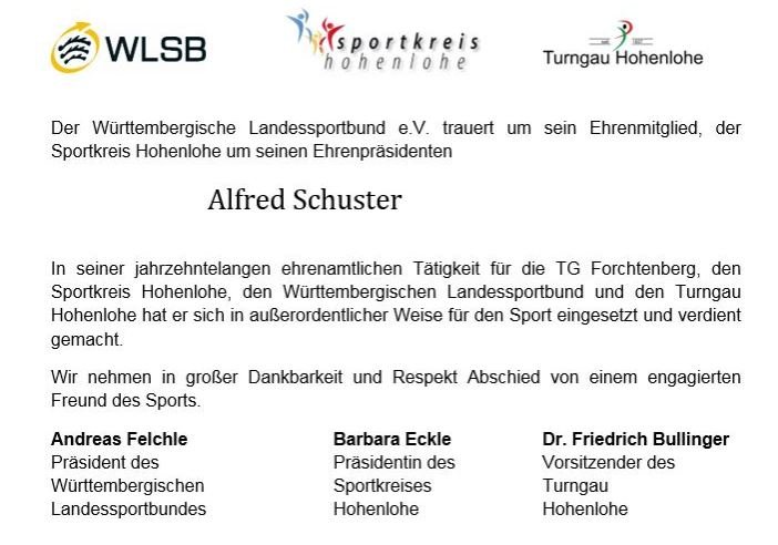 Nachruf Sportkreis Hohenlohe zum Tode Alfred Schusters
