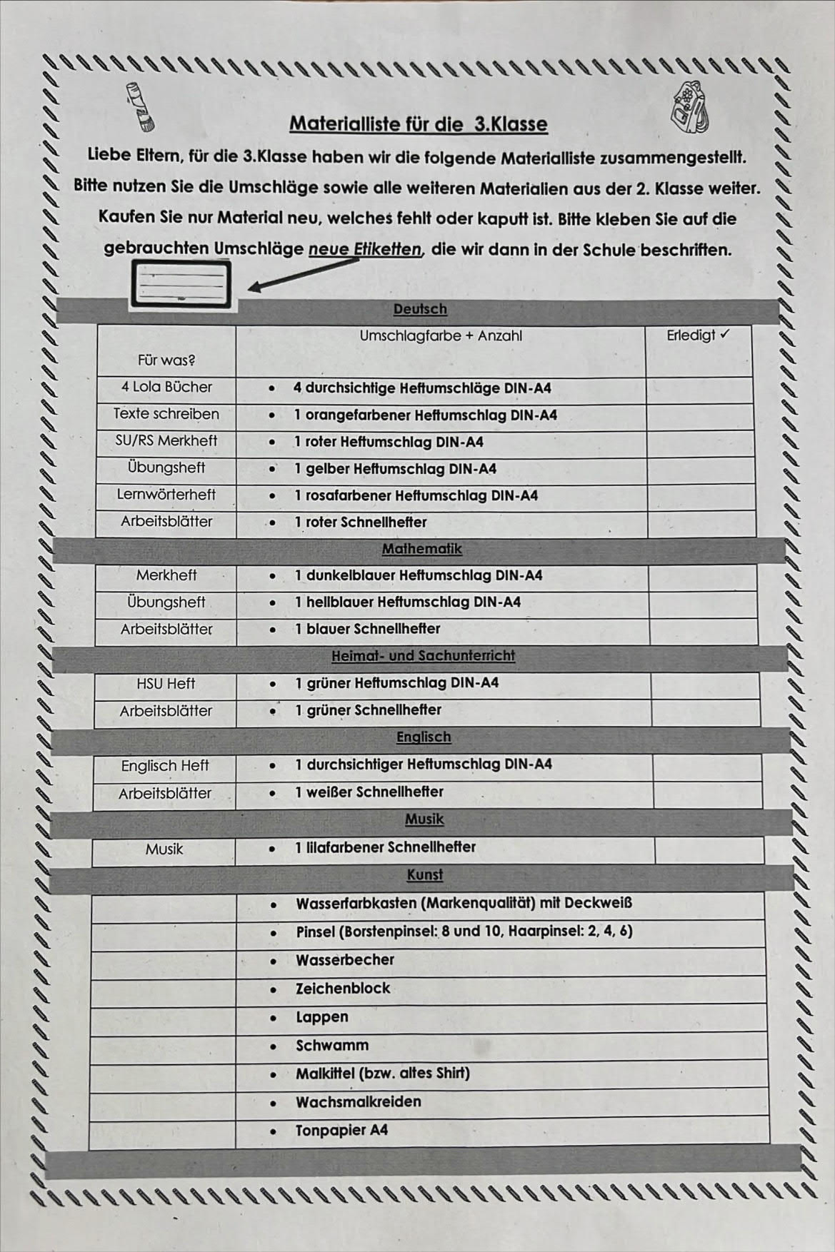 Materialliste 3. Klasse