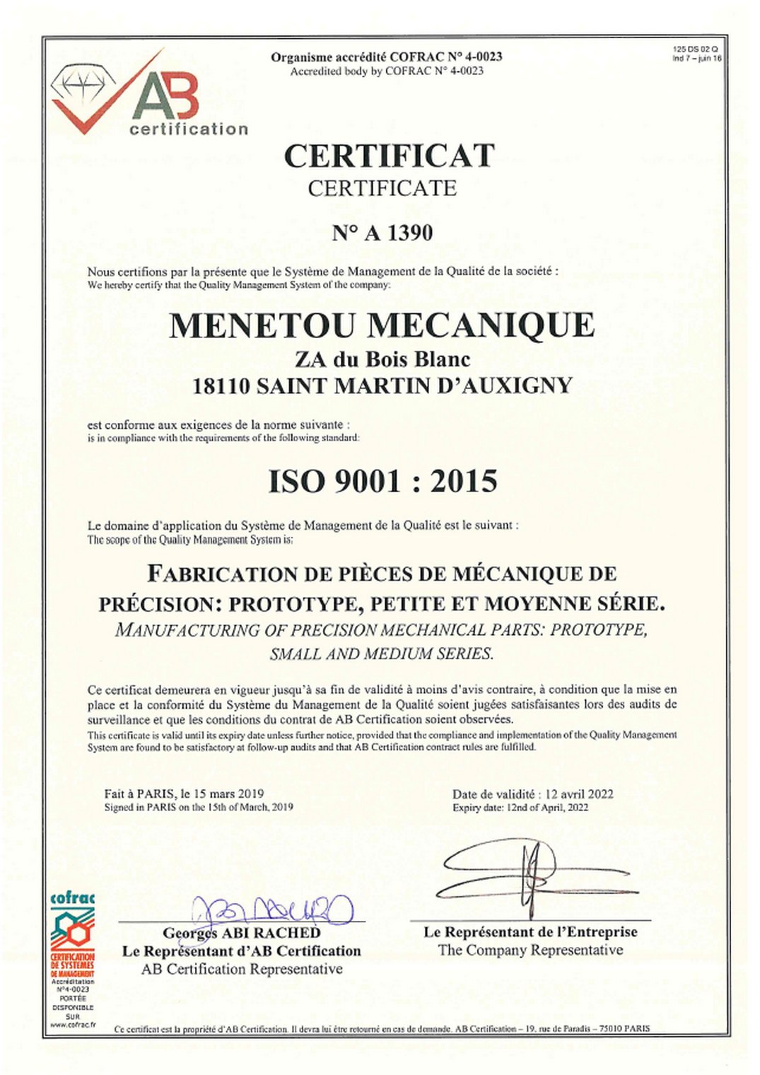 Référencement qualité iso 9001 -v2015 - MENETOU MECANIQUE - CHER (18)