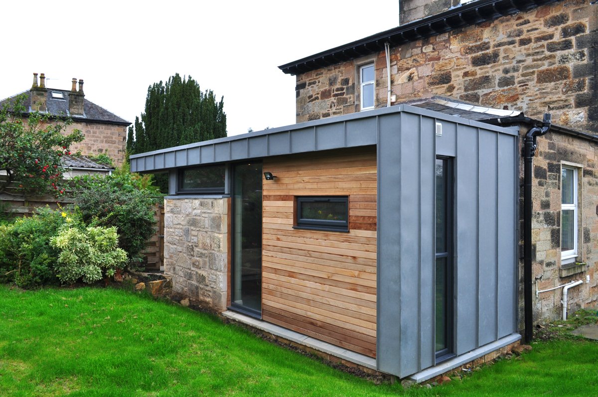 Contemporary zinc and timber clad extension to a period home in Lenzie.