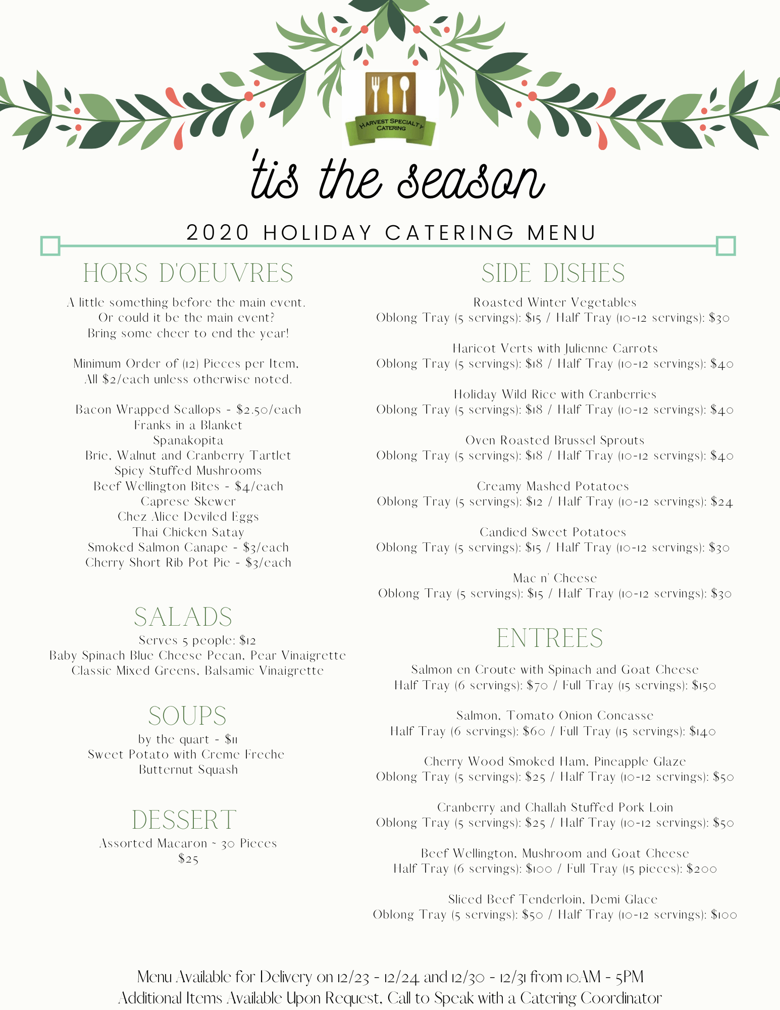 Holiday Catering Menus by Harvest Specialty Catering