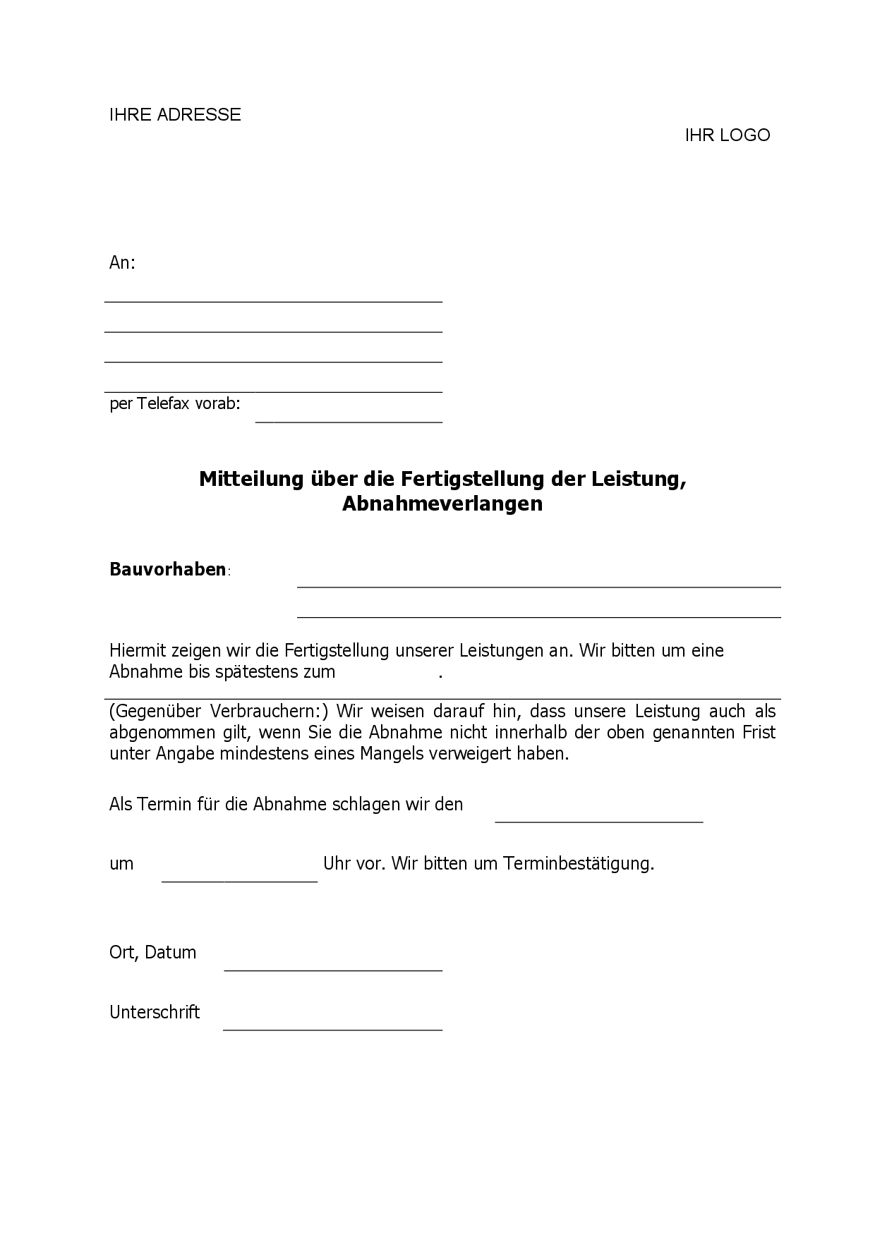 Bauabnahme, Abnahmeprotokoll Muster