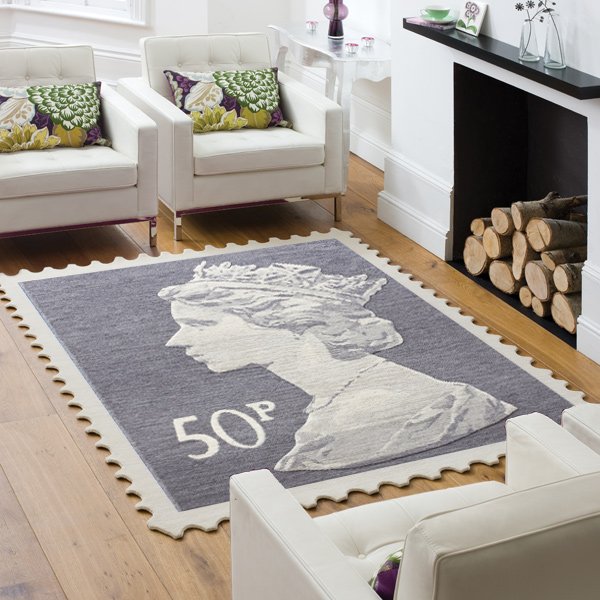 Stamp rugs of Queen Elizabeth as licenced by Royal Mail.
