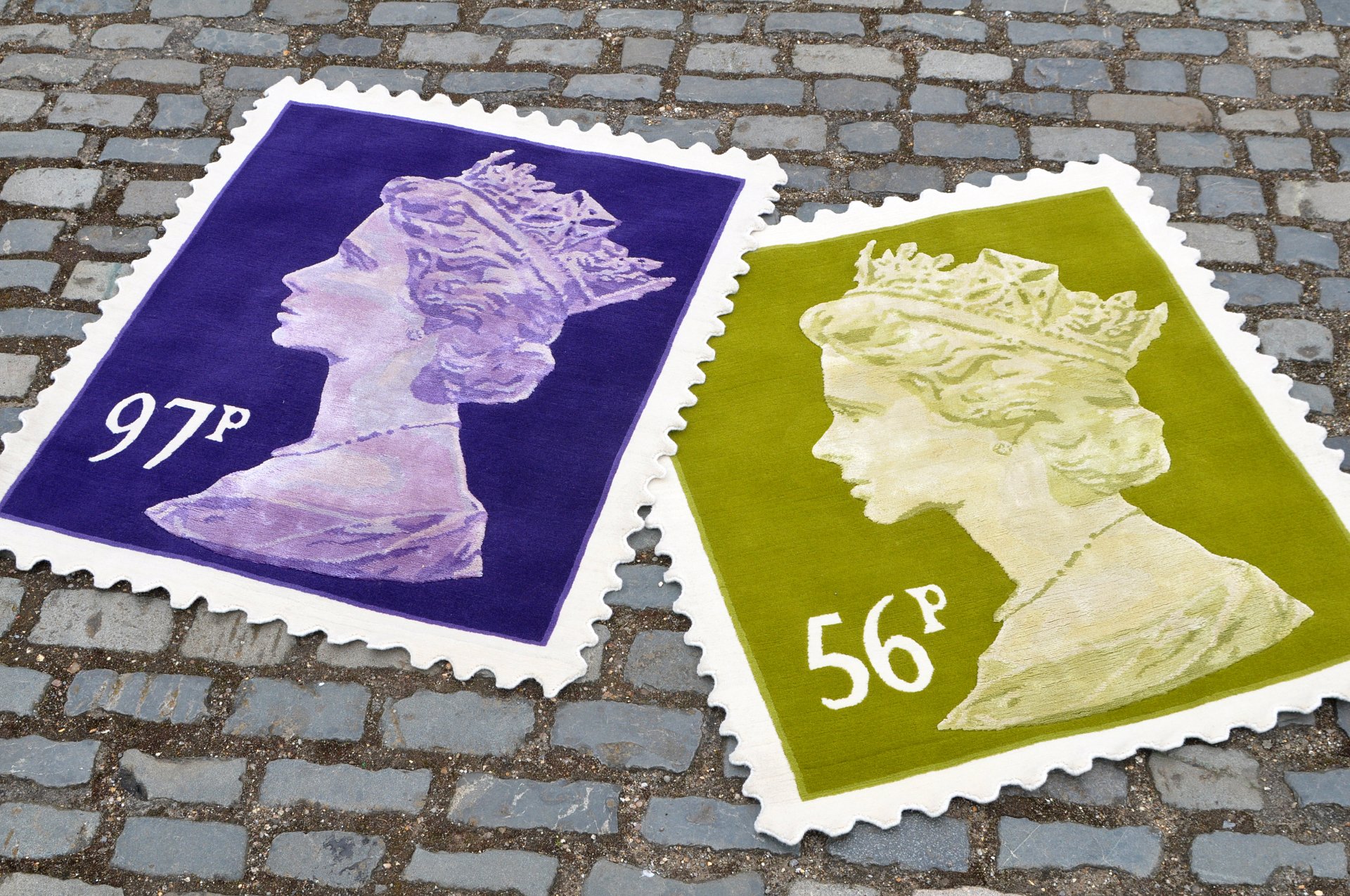 Stamp rugs of Queen Elizabeth as licenced by Royal Mail.